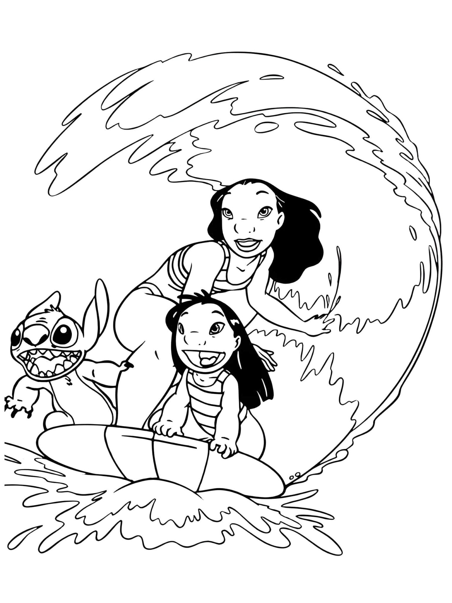 Desenho da lilo e nani surfando com Stitch para imprimir - Mr Desenho