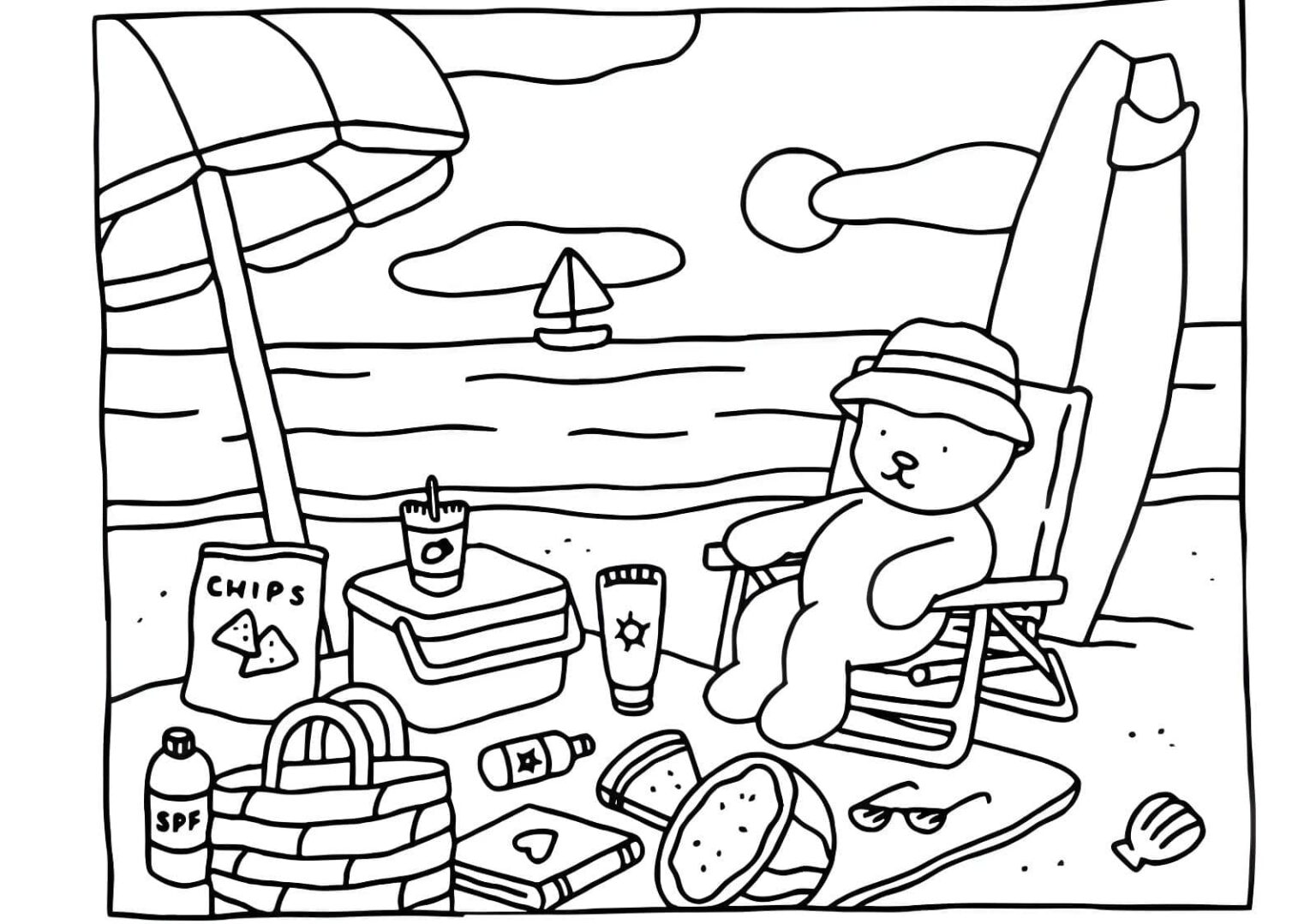 Imagem de urso relaxando na praia Bobbie Goods para colorir - Mr Desenho